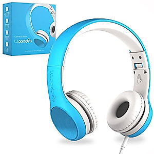 LilGadgets Connect+ Style Wired Headphones for Kids for School with SharePort® Technology, Child-Friendly Foldable On-Ear Headset with Built-in Microphone, Kids Headphones Wired, Blue