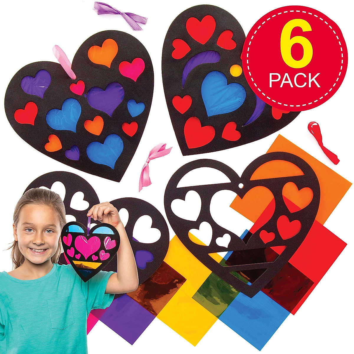 Baker Ross AT551 Heart Stained Glass Effect Decoration Kits - Pack of 6, Creative Valentine's Day Art and Craft Supplies for Kids to Make and Decorate