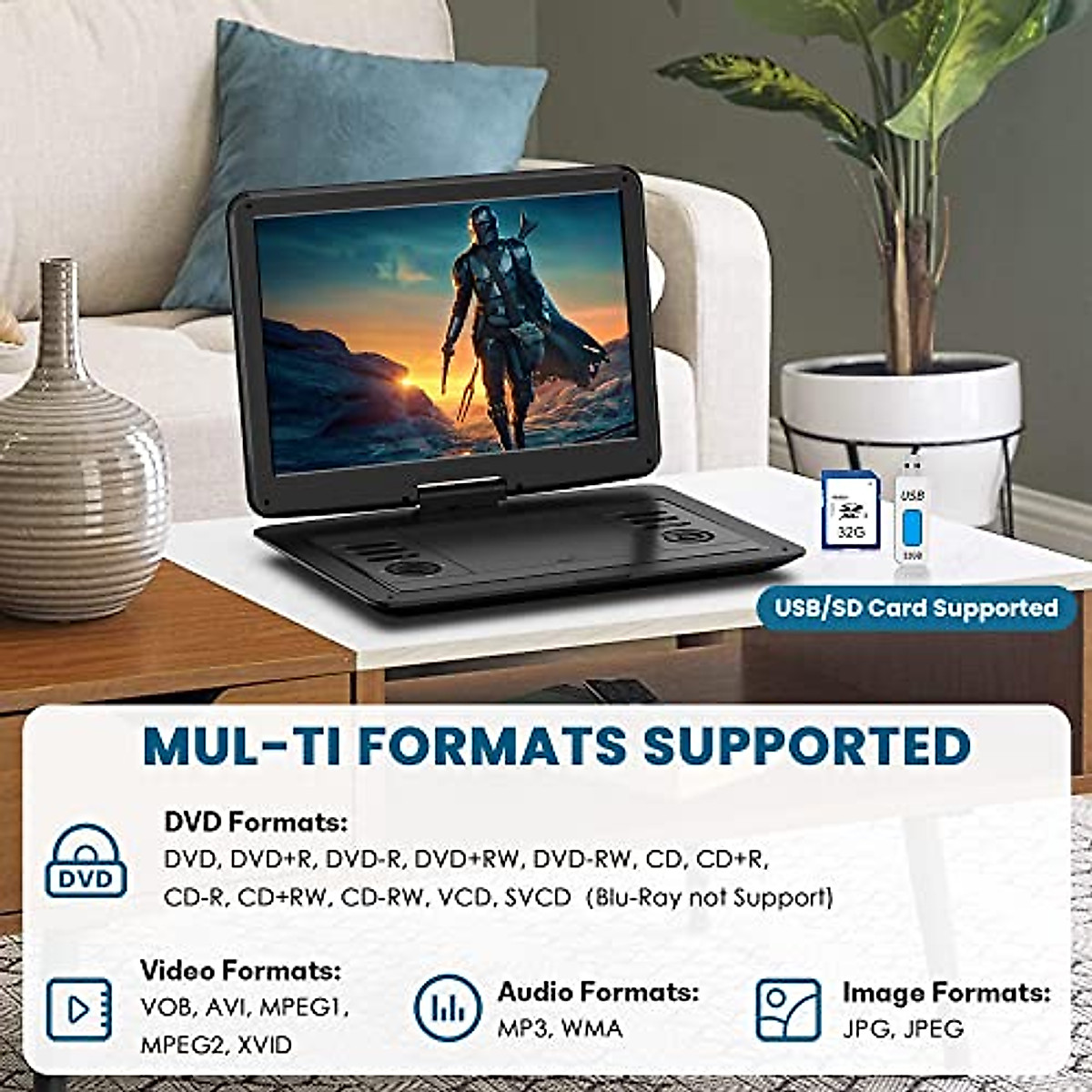 WONNIE 16.9" Portable DVD Player with 14.1" Large Swivel Screen, High Volume Speakers, 6 Hrs Rechargeable Battery, Support USB/SD Card/ Sync TV, Region Free, Last Memory