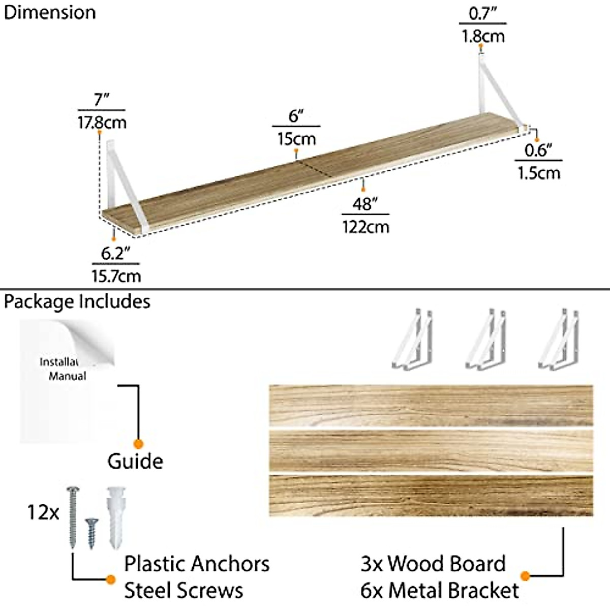 Wallniture Bora Long Floating Shelves, 48"x6" Wall Bookshelf Living Room Decor, Rustic Wall Shelves for Bedroom Decor, Office & Kitchen Wall Mounted Shelves, Bathroom Wall Shelf Set of 3, Burnt