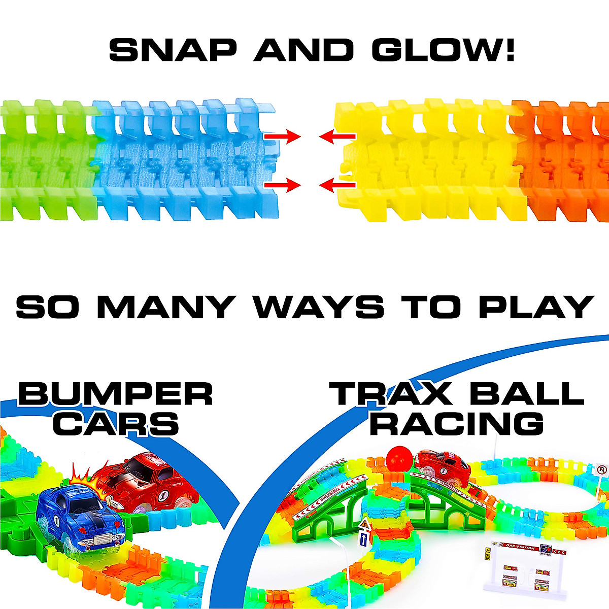 USA Toyz Glow in The Dark Car Race Tracks for Kids- Speedway Race Car Track Set with 360pk Rainbow Flexible Roads, 2 Light Up Toy Cars, Bridges, Ramps, STEM Building Toys for Boys and Girls Ages 3+