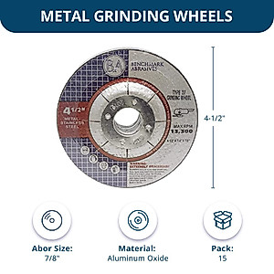 Benchmark Abrasives Grinder Cut Off Wheels 4 1/2 Inch Aluminum Oxide Depressed Center Thin Type 27 for Metals, .045" Thick 7/8" Arbor, Angle Grinder Cutting Disc, Grinding Cutting Wheel - 15 Pack