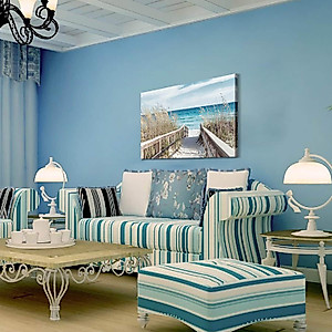 TAR TAR STUDIO Beach Pathway Canvas Wall Art: Seascape Painting Seaside Fence Artwork Picture Print for Living Room (45''W x 30''H, Multiple Sizes)