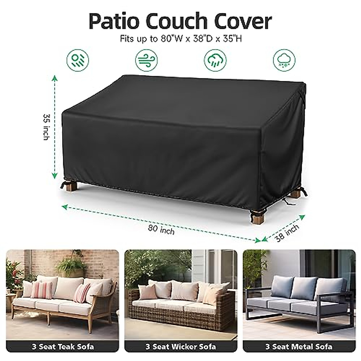 MR.COVER Patio Furniture Covers Waterproof, 3-Seater Outdoor Couch Cover, Fits up to 80W x 38D x 35H inches, with Air Vent and Handles, Black