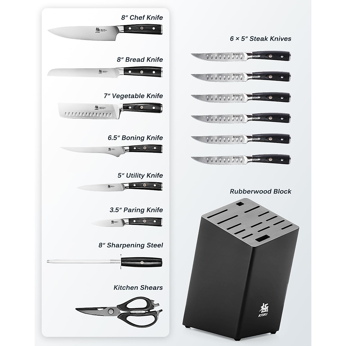 KYOKU Kitchen Knife Set with Block, German High Carbon Steel 15pc Knife Block Set, Samurai Series Knife Block with Knives for Kitchen, Professional Chef Knife Set with Sharpening Steel & Shears