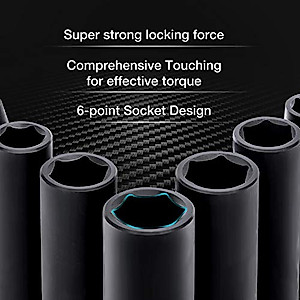 DURATECH 10-Piece 3/8" Drive 6 Point Deep Impact Socket Set, Including 8PCS Deep Impact Sockets in SAE Sizes (5/16", 3/8", 7/16", 1/2", 9/16", 5/8", 11/16", 3/4") & 2PCS 1/4" Hexagon Extension Bars