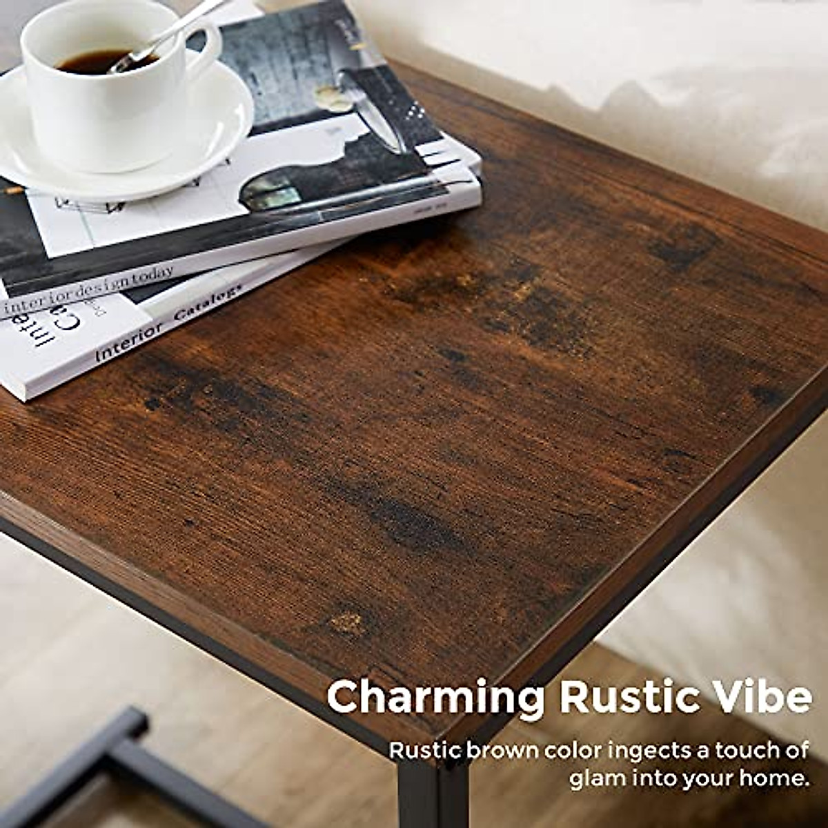 VANOMi C Shaped End Table, Living Room Sofa Small Side Table, Small Space Snack Table and Bedside Table with Wooden Metal Frame in Bedroom