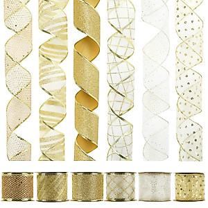HUIHUANG Gold Christmas Ribbon - 2.5 inch Wide Gold Wire Edge Ribbons for Tree Decorations, Crafts, Gift Wrapping, Wreath, Garland, Bows - 6 Rolls x 6 Yards