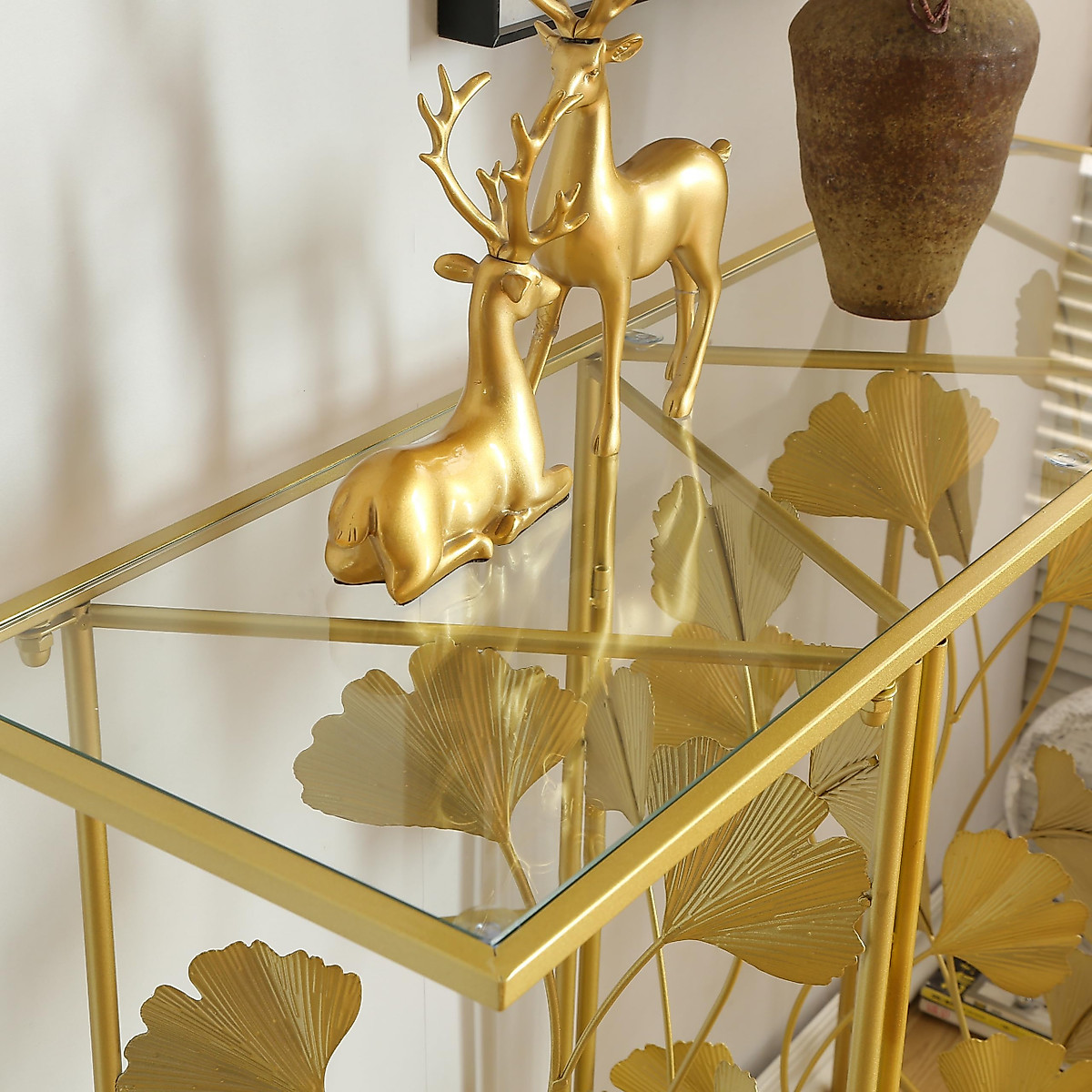 40 Inch Gold Console Table, Sofa Table, Modern Entryway Table, Tempered Glass Shelf with Ginkgo Leaves Decorative for Entryway Living Room Bedroom