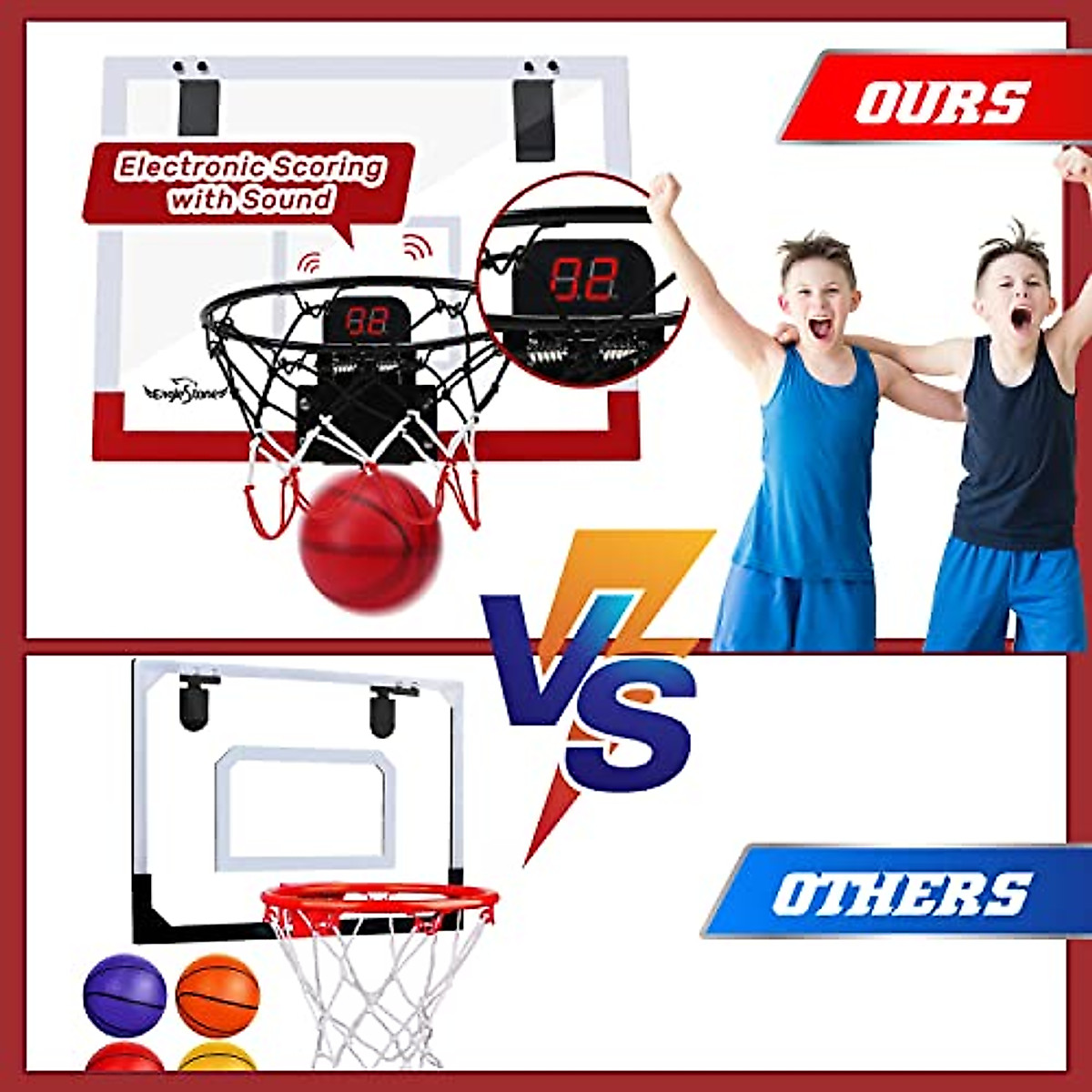 EagleStone Basketball Hoop Indoor for Kids, Over The Door Mini Basketball Hoop with Electronic Scoreboard, Room Basketball Hoop with 2 Balls and Sound, Basketball Toys for Toddler Boys Girls