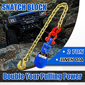 FITHOIST 2 Tons Snatch Block with G80 Chain | 3" Sheave for 3/8" Inch Wire Rope | High Strength Snatch Blocks for Towing and Recovery Applications | Tow Truck Rollback Wrecker Car Hauler Winch
