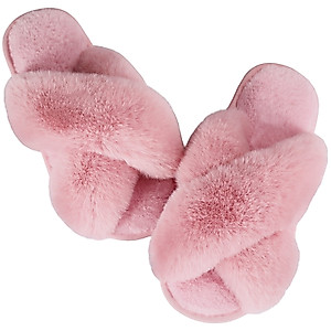 Women's Pink Fuzzy Plush Faux Fur Memory Foam Ankle Slippers - Breathable, Comfy House Indoor Slippers