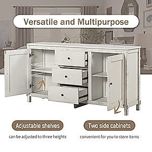 Retro Buffet Cabinet with 2 Storage Cabinets,3 Drawers and Adjustable Shelves,64" Solid Wood Storage Sideboard with Metal Knob Handles for Living Room Office Bedroom,Kitchen (Antique White-64")