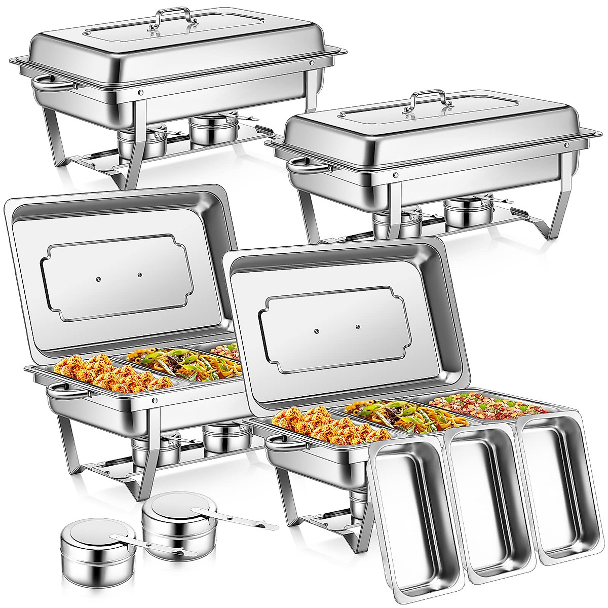 4 Pack Stainless Steel Chafing Dish Buffet Set 8 QT Chafer Dish with 3 1/3 Size Chafing Food Pans Rectangular Catering Warmer Set with Water Pan for Buffet Wedding Parties Banquets Catering Events