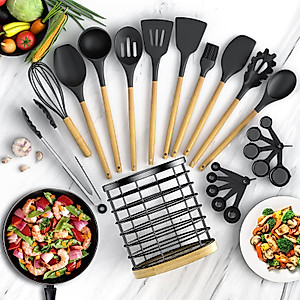 ebeau Cooking Utensils Set with Holder - 32 Pcs Silicone Kitchen Utensils Set - Non-Stick Silicone Spatula Set, BPA Free Wooden Handle Silicone Gadget Set+Utensil Holder