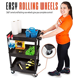 Tubstr Compact 3 Shelf Utility Cart | Heavy Duty Service Cart Supports up to 300 lbs! | Tub Cart with Deep Shelves | Great for Warehouse, Garage, Cleaning & More (3 Shelf/Black / 24 x 18)