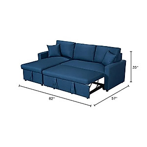 OMGO 82'' L-Shape Convertible Sleeper Sectional Sofa with Storage Chaise and Pull-Out Bed, Linen Upholstered Reversible Corner 3 Person Couch, for Living Room, Apartment, 82, Blue