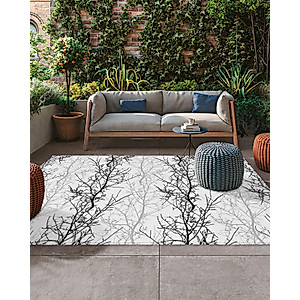 Tree Forest Outdoor Rugs for 5'x8' Patios Clearance, RV Camping Mat Rug Portable Outside Rug Indoor Outdoor Area Rug Mat for Beach Deck Pool Abstract Winter Branch Nature Black Grey