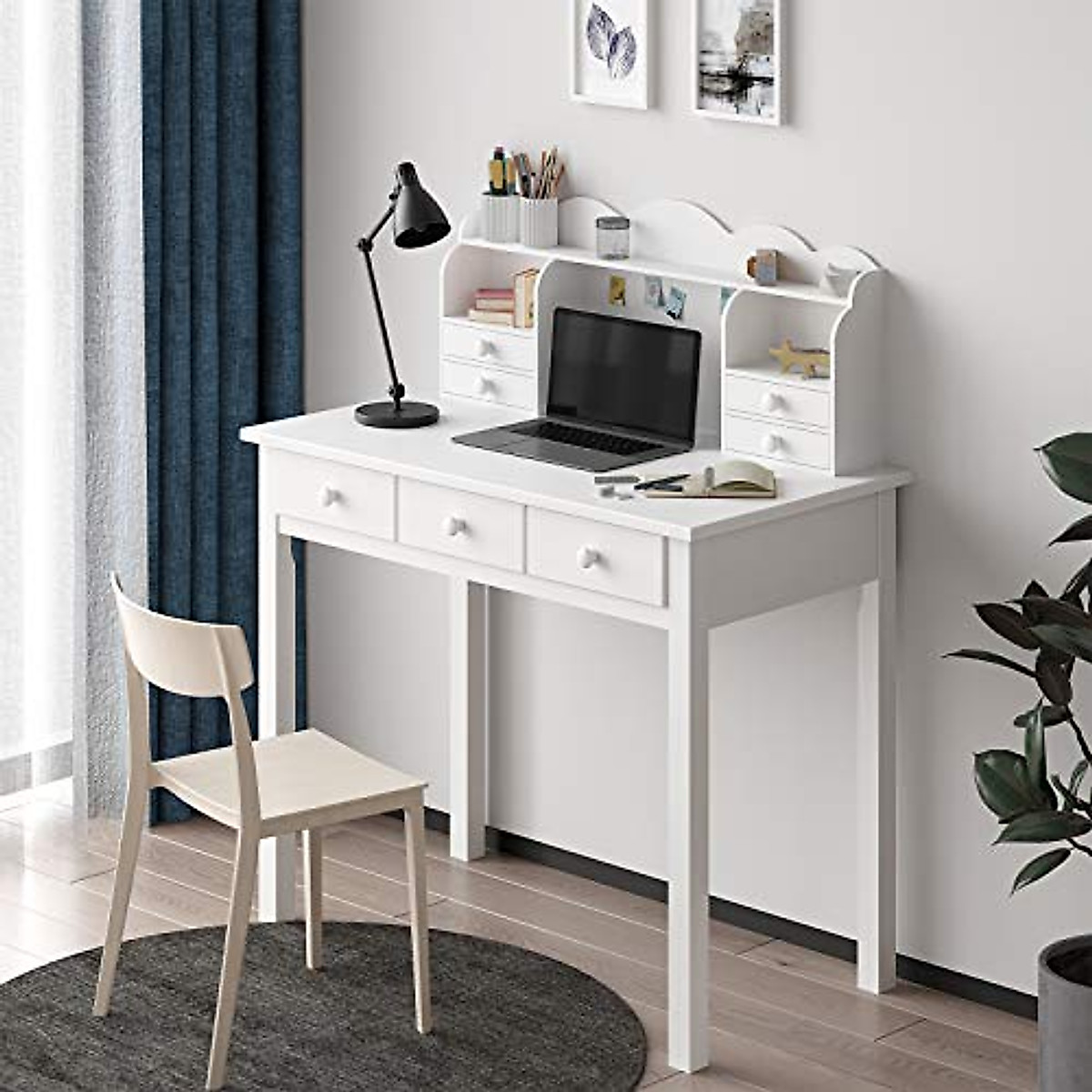 ADORNEVE Writing Desk with USB Port, Home Office Desk with Drawers and Hutch, 36.2" Study Table Computer Desk for Student/Adults, Computer Work Station with Storage Shelf, 7 Drawers, White