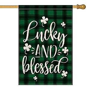 AVOIN colorlife Lucky and Blessed Watercolor Buffalo Plaid Shamrock House Flag Double Sided, St Patricks Day Yard Outdoor Flag 28 x 40 Inch