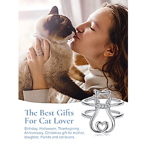 SILVERCUTE 925 Sterling Silver Cat Cute Ring Glittering Heart Cubic Zirconia Sparkle Adjustable Ring