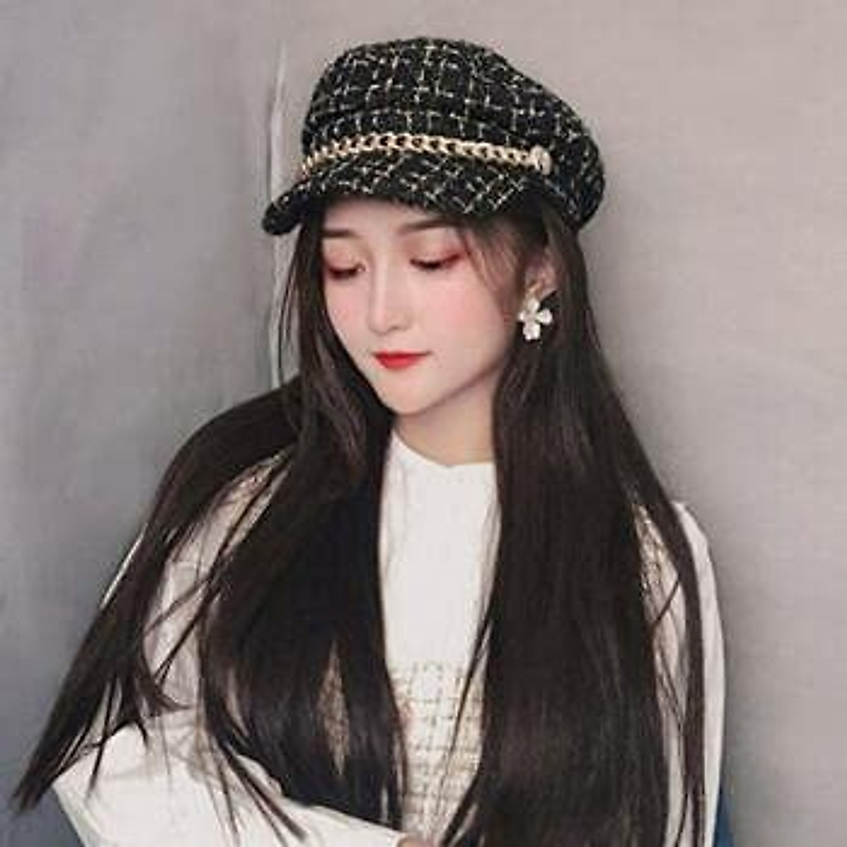 Women Plaid-Tweed Newsboy-Baker-Boy Hat Captain-Sailor Fisherman Hat Peaked-Beret with Chain Black