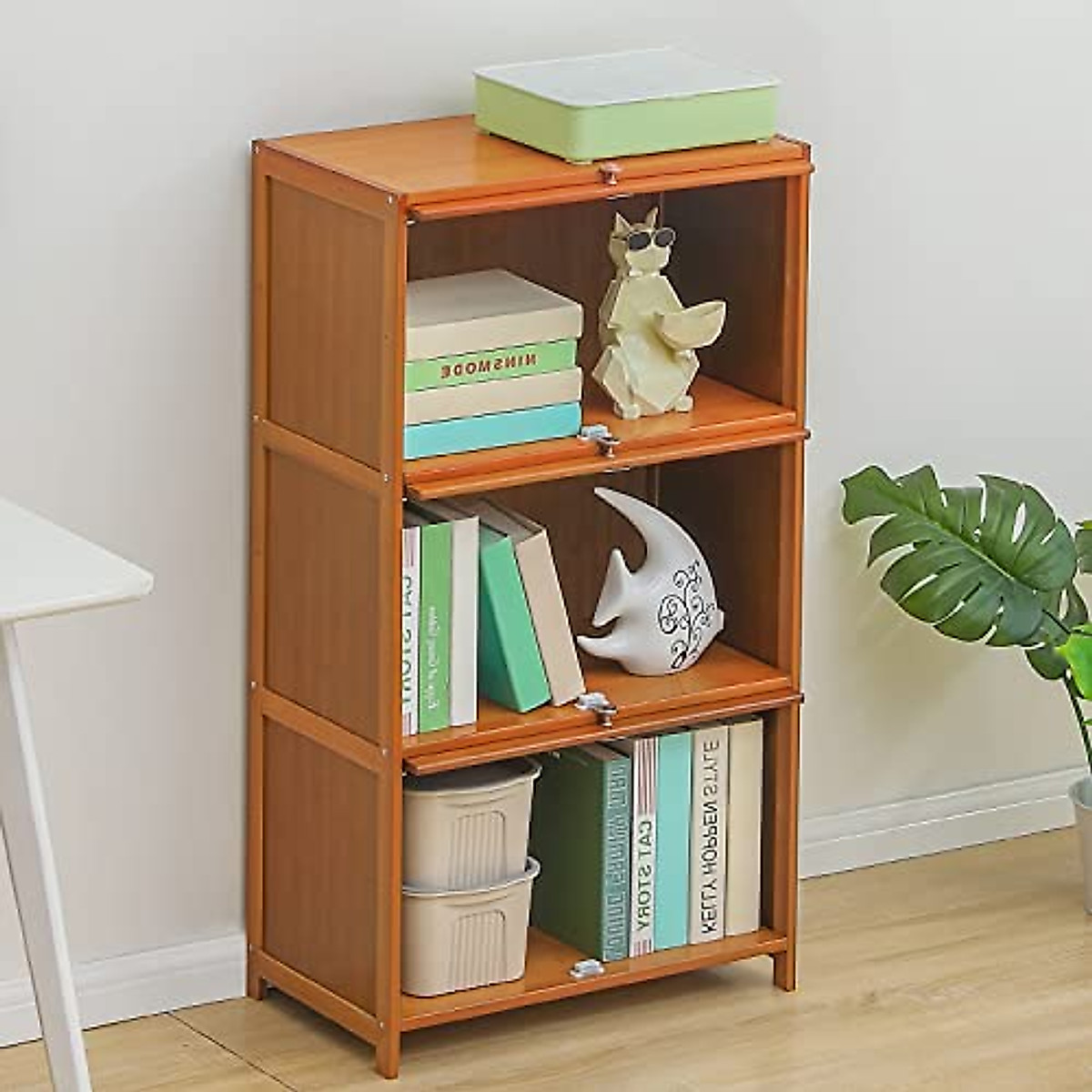 MoNiBloom 3 Tier Book Cabinet with Acrylic Doors, Bamboo Display Shelf Organizer Stand for Children's Student, Hallway, Home, Office, Brown