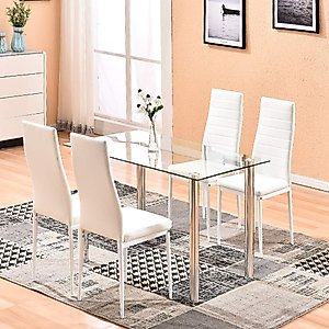 4HOMART 5 PCS Kitchen Table Set Modern Tempered Glass Top Table and PU Leather Chairs with 4 Chairs Dining Room Furniture White