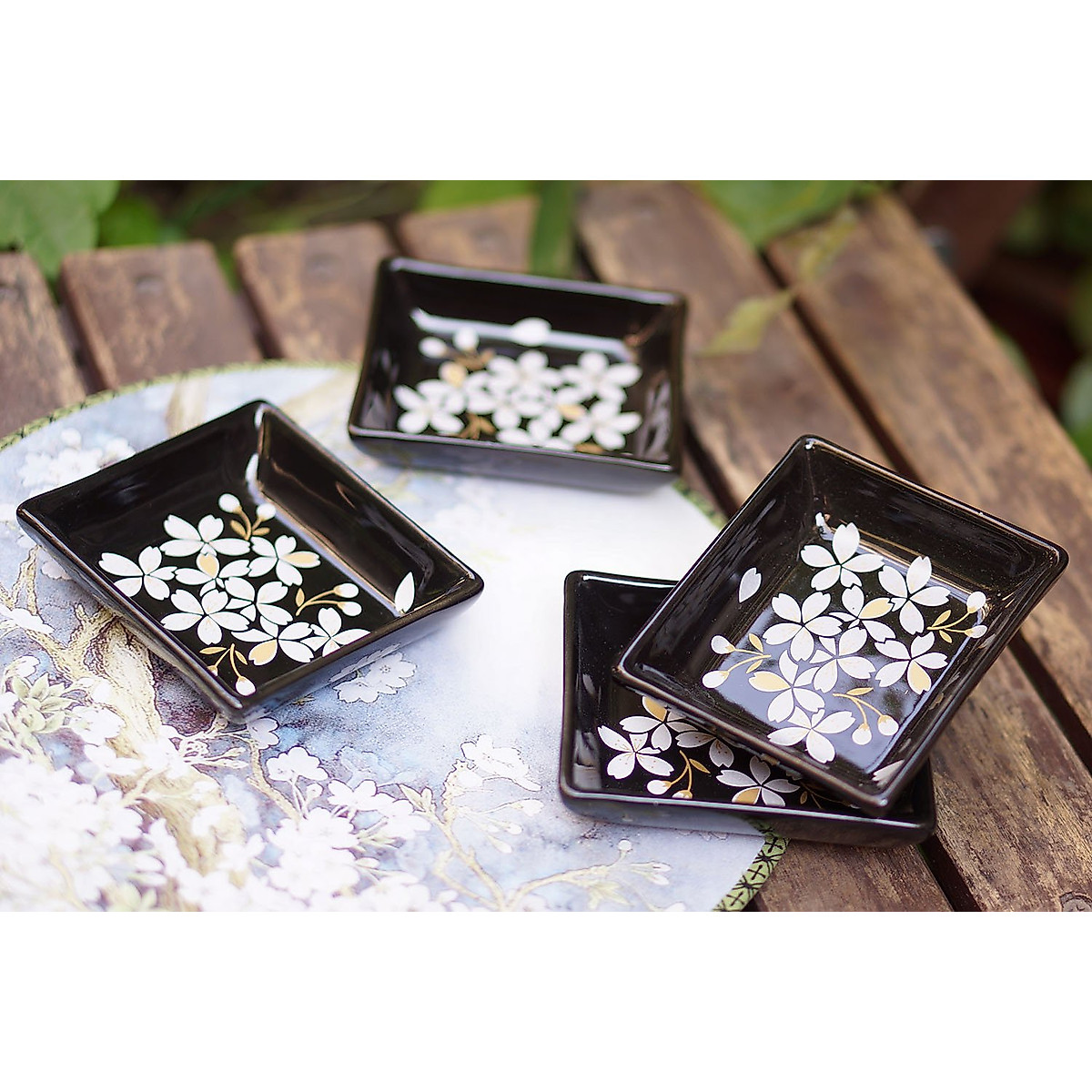 Cinf Ceramic Japanese Cherry Blossom Salad Sauce Rectangular Sushi Dish Set of 4 Plates Black Snack Bowls Appetizer Seasoning Serving for Kitchen Home