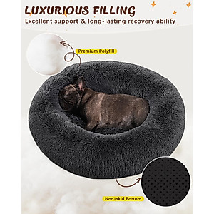 KSIIA Calming Dog Bed Anti-Anxiety Round Donut Dog Beds for Small Dogs Cat Beds for Indoor Cats Fluffy Comfort Small Dog Bed with Ultra-Soft Plush Washable Dog Bed with Non-Skid Bottom, 23", Gray