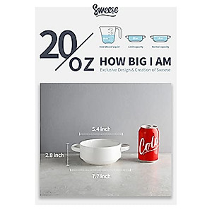 Sweese 108.101 Porcelain Bowls with Handles - 20 Ounce for Soup, Cereal, Stew, Chill, Set of 4, White