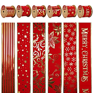 MEEDEE Red Velvet Wired Ribbon For Christmas Tree 2.5 Inch 6 Rolls 36 Yards Christmas Ribbon Set Wide Velvet Ribbon Wired Ribbon For Christmas Tree Velvet Red Ribbon Red And Gold Christmas Tree Ribbon