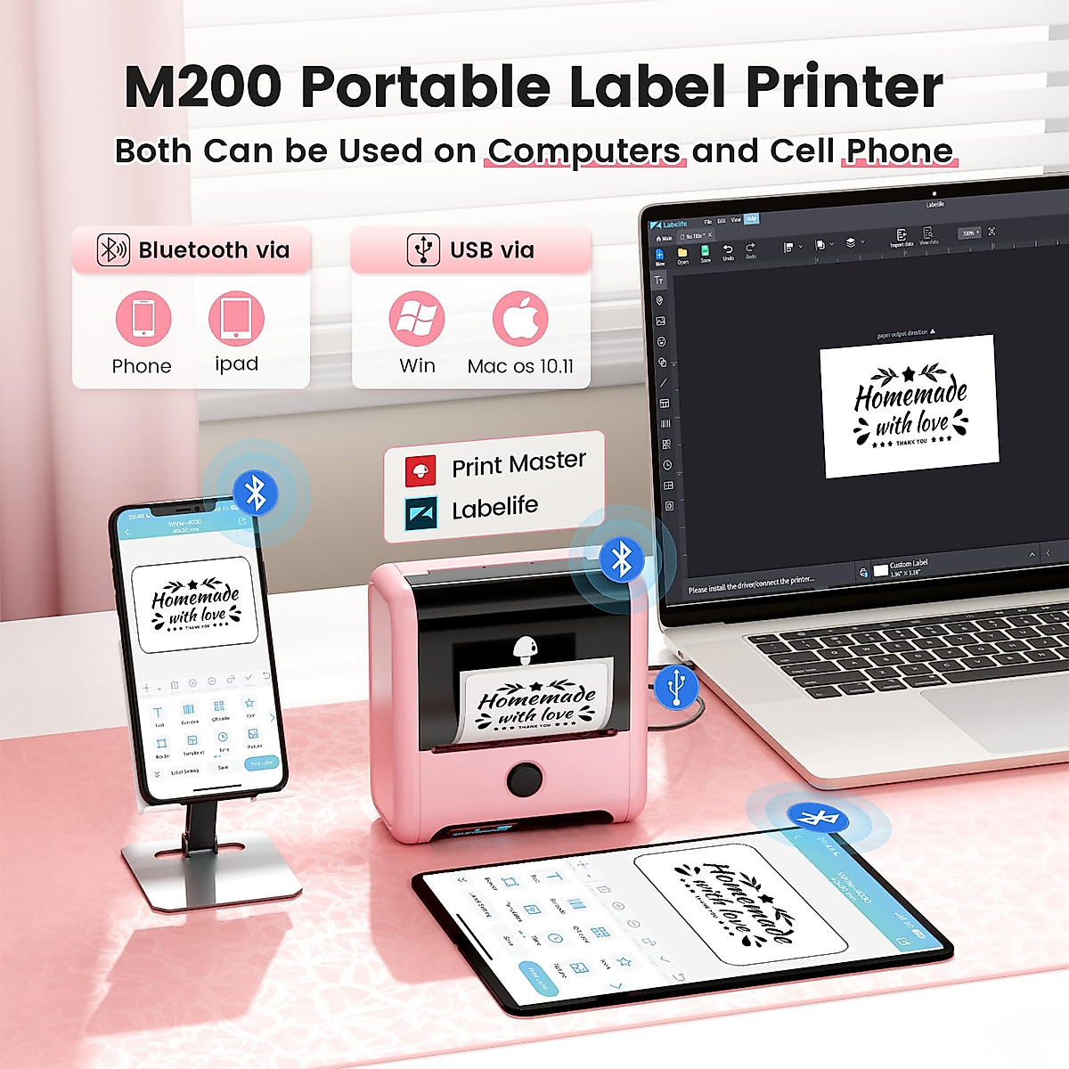 Memoking M200 Label Maker Machine with Tape 3 Rolls - Portable Label Printer for Labeling Products - Bluetooth Label-Maker Wireless - Thermal Barcode Label Printer for Clothes,Address,Jars,Album,Cable