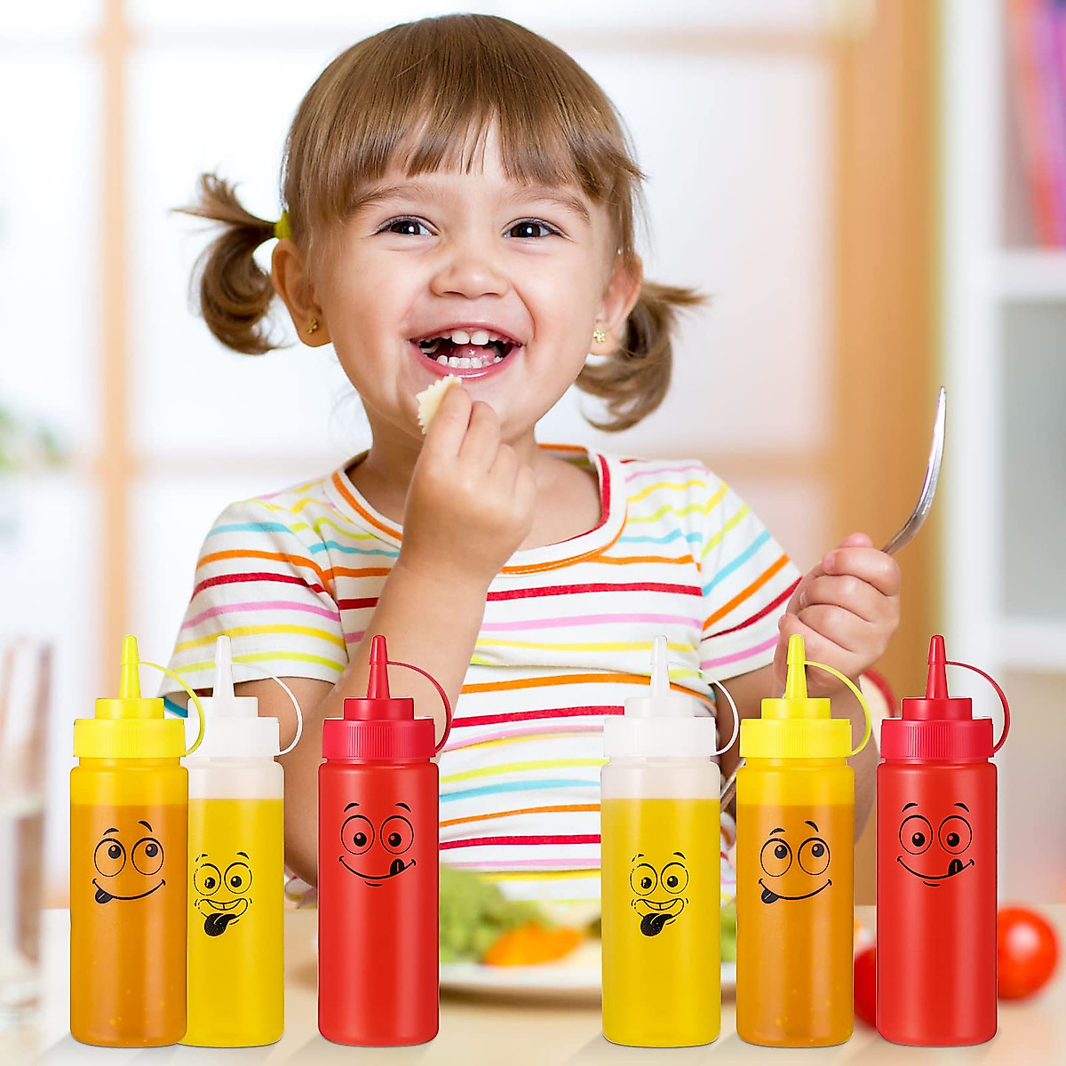6 Pieces Smile Faces Squeeze Bottles, Condiment Sauces Squeeze Bottles, Ketchup and Mustard Dispenser for Hot Dog Party Mayo Dressing Red Yellow and White, 12 oz