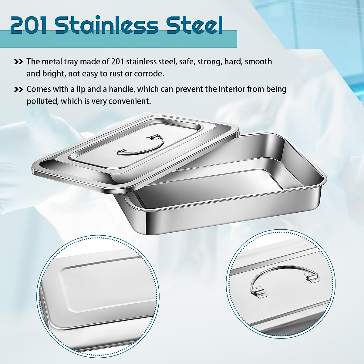 Fabbay 2 Medical Surgical Trays 201 Stainless Steel Dental Instruments Tray Organizer Holder Sterilized Metal Box with Lid and Handle Grip for Medical Surgical Dental Instruments (9 Inch)