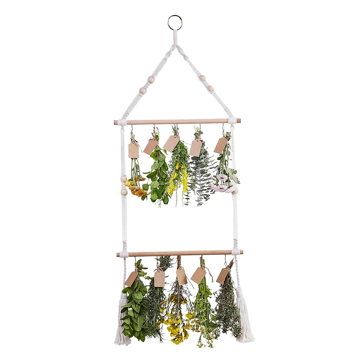 SWEETBIUTI Herb Drying Rack 2Tier Wood and Cotton Safe Hand-Woven Herb Drying Rack Hanging Adjustable Flower Drying Rack with Detachable Hooks for Herb Dryer Wall Decor.