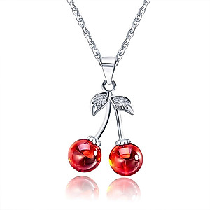 Ginger Lyne Collection Cherry Red Agate Stone Sterling Silver Pendant Necklace Water Waves chain