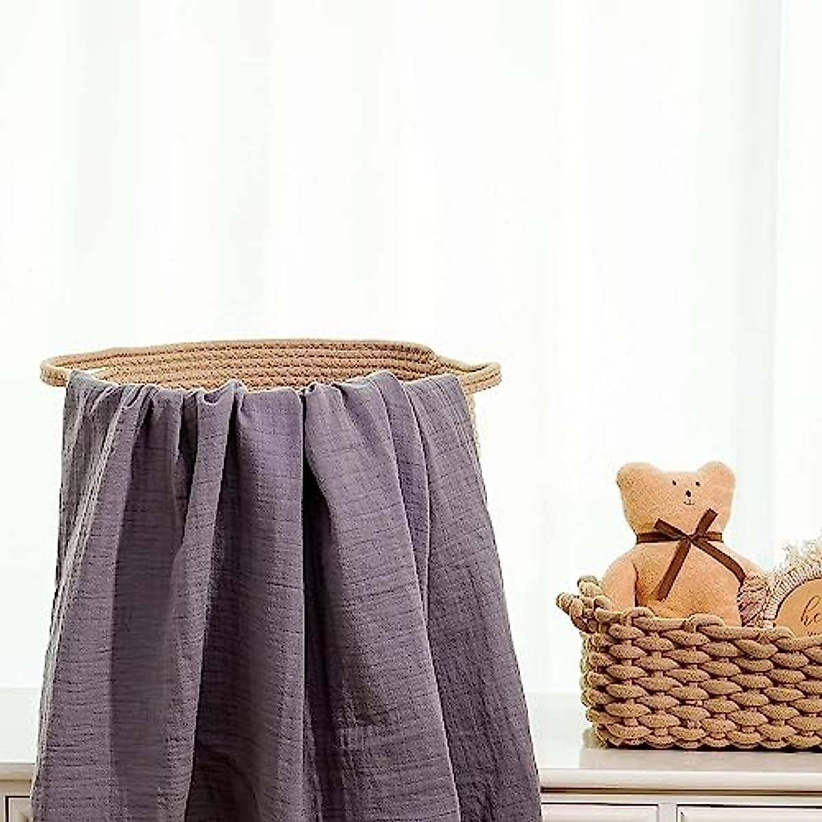 BabyWhale Muslin Swaddle Blanket, Boho Brown Rainbow Pattern Swaddle and Solid Color Swaddle for Newborn Baby Boys ＆ Girls, Unisex Silky Soft Breathable Receiving Swaddle Wrap, 47x47 inches, 2 Pack