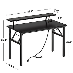 Need 39 Inch Small Folding Computer Desk with Power Outlets & Monitor Shelf Study Desk Gaming Desk with Led Lights Cup Holder & Headphone Holder,Black