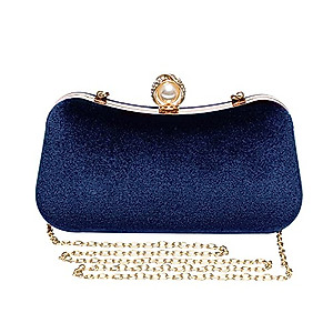 Mulian LilY Navy Blue Velvet Evening Bags For Women With Flower Closure Rhinestone Pearl Embellished Cluth Purse For Party Wedding M505