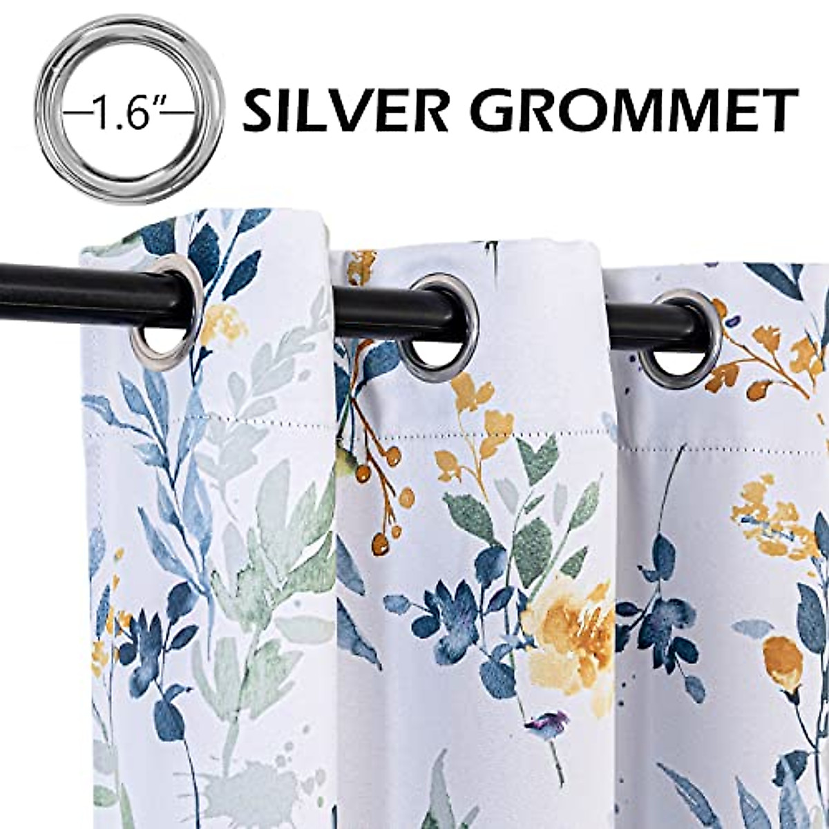 MYSKY HOME Floral Blackout Curtains 63 Inch Long Living Room Bedroom Curtains Thermal Insulated Curtains Room Darkening Curtains Printed Flower Leaf Window Treatments, 2 Panels, Yellow and Blue