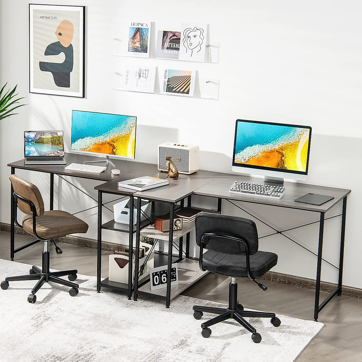 Tangkula L-Shaped Computer Desk with Reversible Shelves, 48 Inch Corner Computer Desk, Modern Writing Study Desk Home Office Workstation, Space Saving Design (48 Inch, Brown)