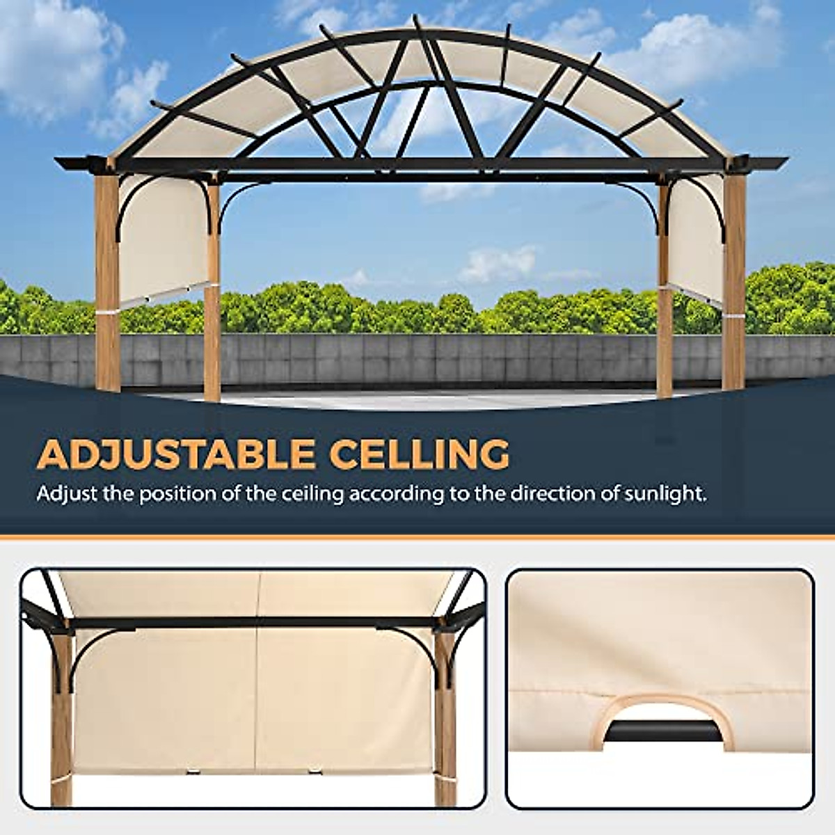 HAPPATIO 10' X 13' Outdoor Pergola with Sling Retractable Pergola Canopy，Wood-Like Aluminum Patio Pergola Shade for Patio, Backyard, Garden,Poolside