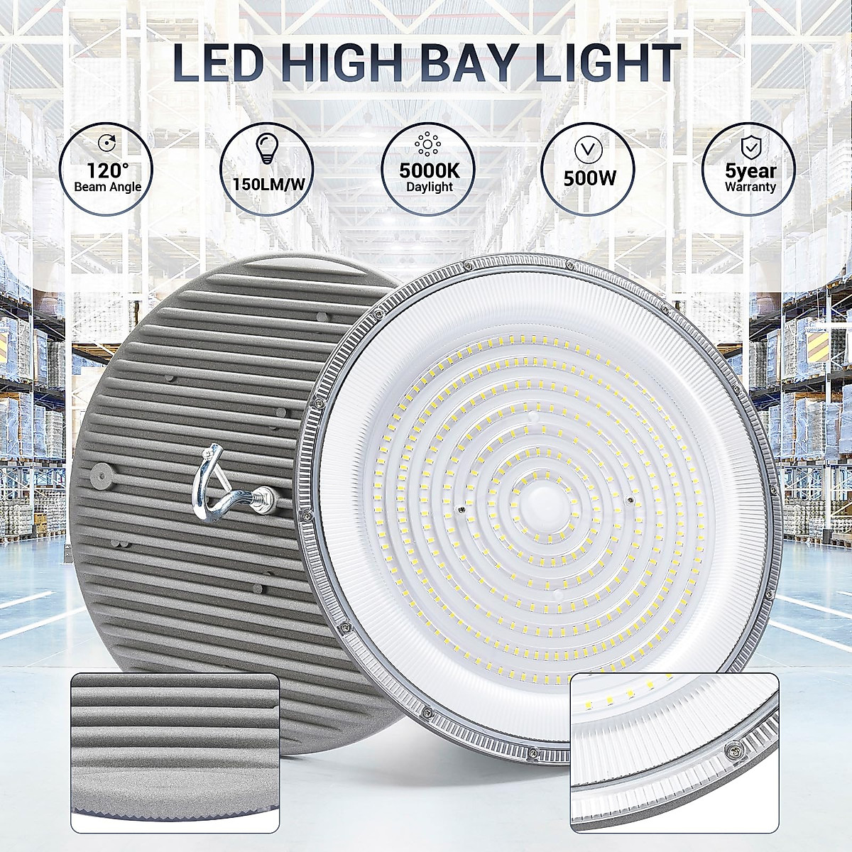 XYCN 4 Pack 500W UFO Led High Bay Light,100-277v,5000K Daylight Commercial Bay Lighting,IP66 Waterproof,71050LM,2150W MH/HPS With Plug Area Lighting For Warehouse/Shop/Workshop/Garage/Barn/Gym/Factory