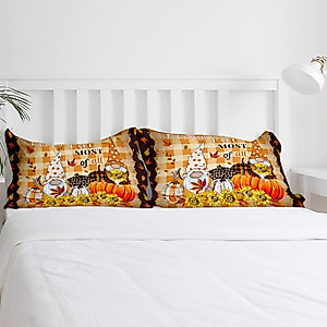 Custom Bed USA Thanksgiving Gnomes Duvet Cover Set, 4 Pieces Bedding Set with Comforter Cover, A Pair of Pillowcases and Fitted Sheet for Bedroom Decor Queen Size, Pumpkin Sunflower Fallen Leaves