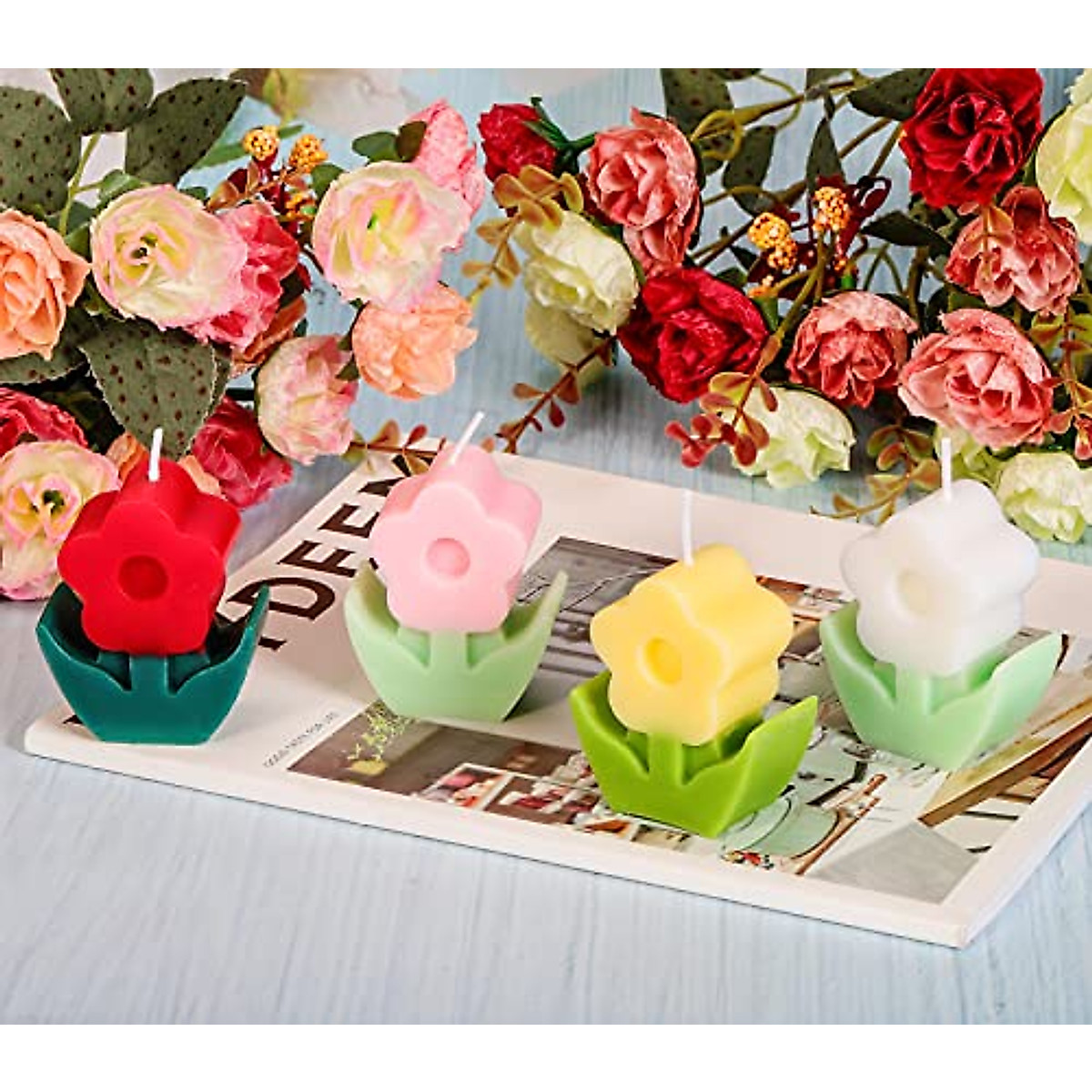 4 PCS Flower Shaped Candles,Cute Candles Aesthetic Candle,Smokeless Scented Candles,Delicate Decorative Candle for Home Decor,Flower Candle Gift for Wedding,Birthday Party,Spa (White,Yellow,Pink,Red)