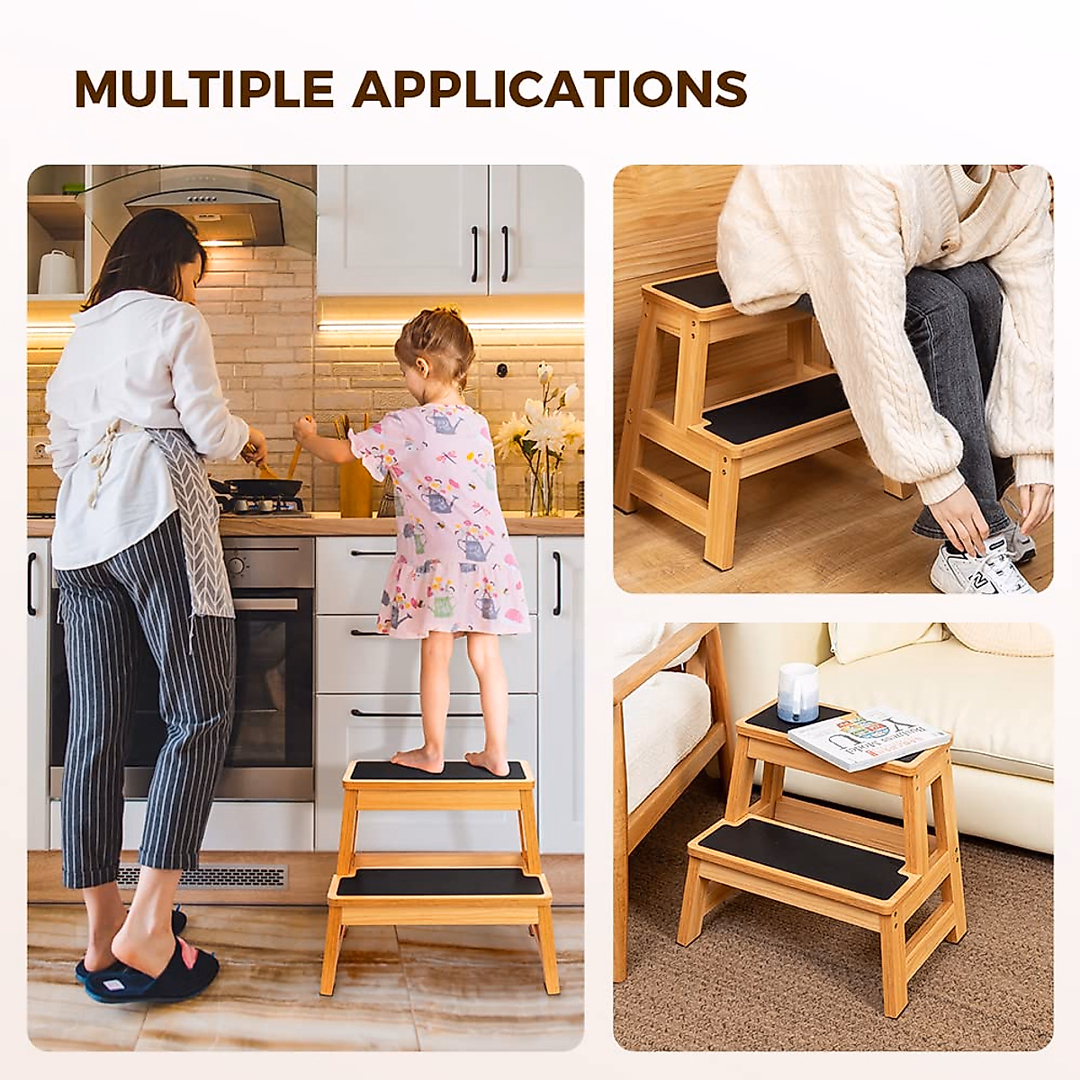StrongTek 17 Inch Tall Wooden Two Step Stool for Adults & Kids, Versatile as Kitchen Step Stool, Bedside Step Stool, Closet Step Stool, Anti-Slip Surface for Safety & Stability, 500lbs Capacity