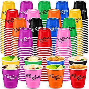 Lounsweer 200 Pack Plastic Shot Glasses, 2 oz Mini Disposable Shot Cups, Small Plastic Cups for Wedding Bachelorette Birthday Holiday Party, Beer Taste Serving, Snack(Multicolored)