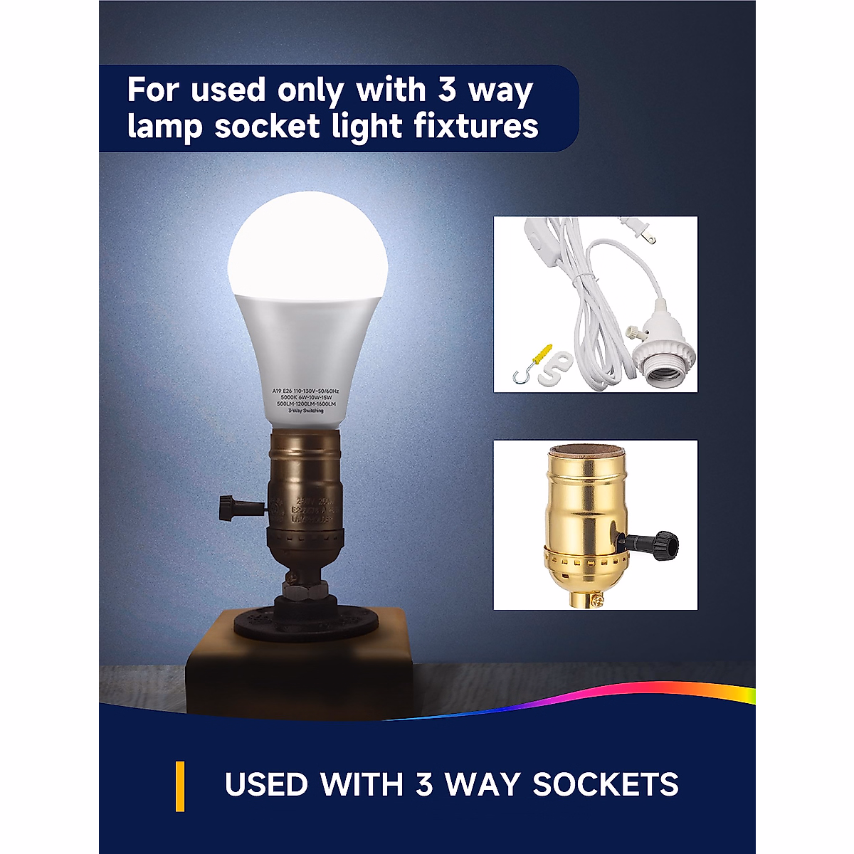 UNILAMP 3 Way LED Light Bulbs, 3 Way Light Bulbs 30 70 100W Equivalent, Daylight White 5000K, Three Way A19 Light Bulbs E26 Medium Base, 3-Way Light Bulbs for Desk Lamps, Floor Lamps, 2 Pack