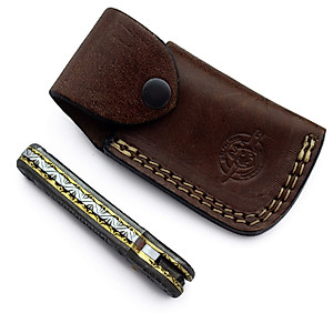 WolfKlinge Custom Handmade Damascus Steel Folding Pocket Knife for EDC,Hunting,Survival,Camping,Buschcraft and Fishing with Full Tang Damascus Handel with Cowhide-Leather Sheath DCF18-110